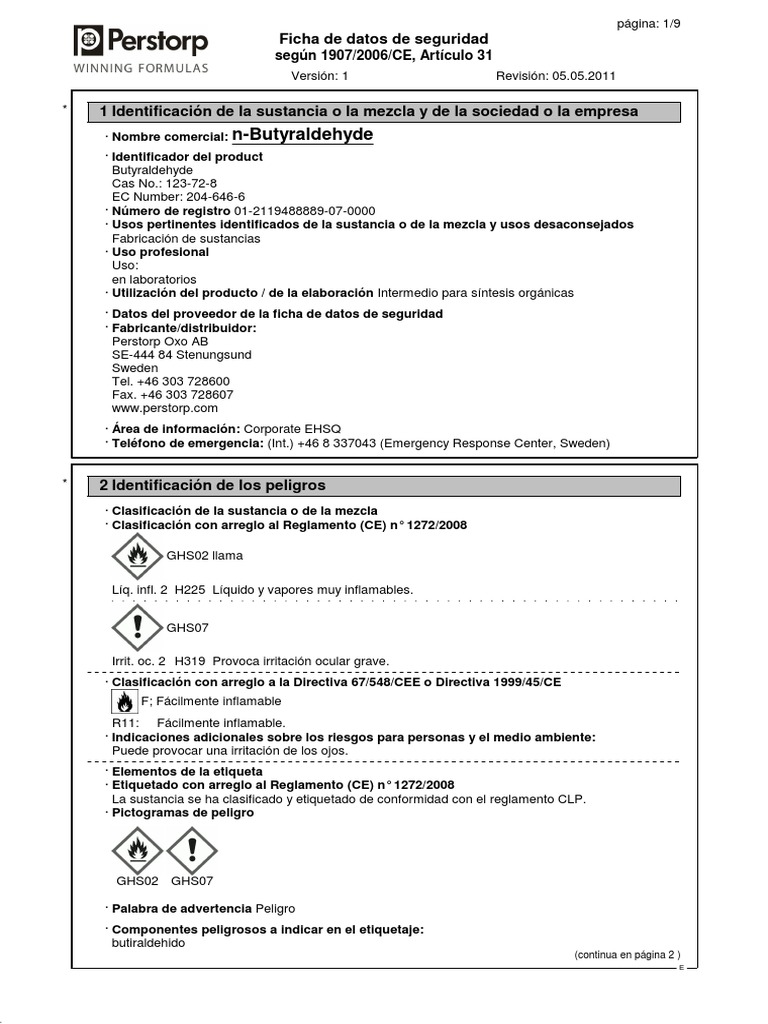 MSDS N-Butyraldehyde Spa-6573 | PDF | Mutageno | Agua