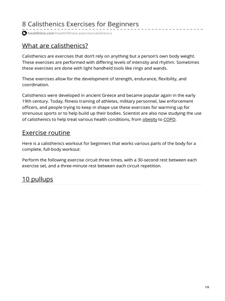 8 Calisthenics Exercises For Beginners | PDF | Physical Exercise ...