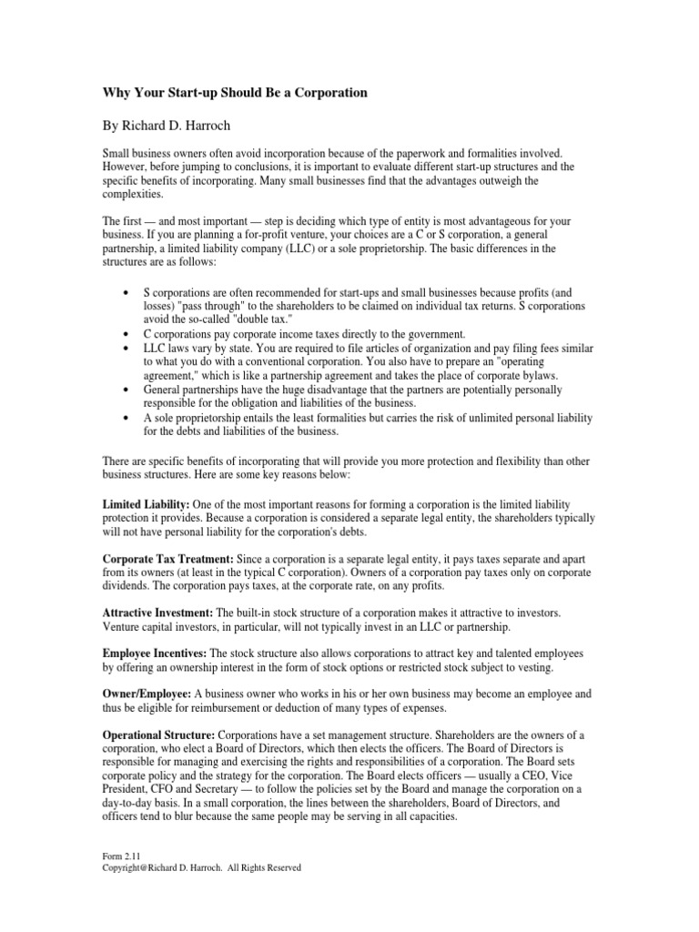 Why Your Start-Up Should Be A Corporation by Richard D. Harroch | PDF ...