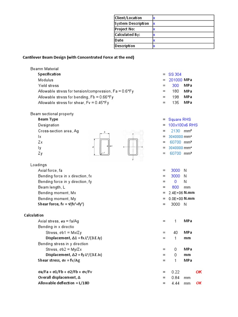 Cantilever Beam Design - RHS | PDF | Bending | Beam (Structure)