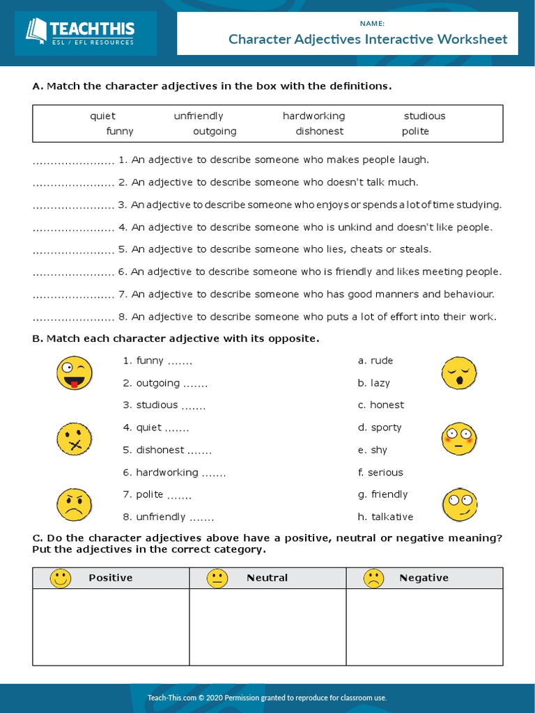Character Adjectives Interactive Worksheet | PDF | Language Arts ...