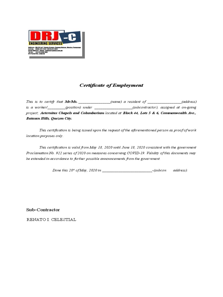 Certificate of Employment for Subcontractor | PDF