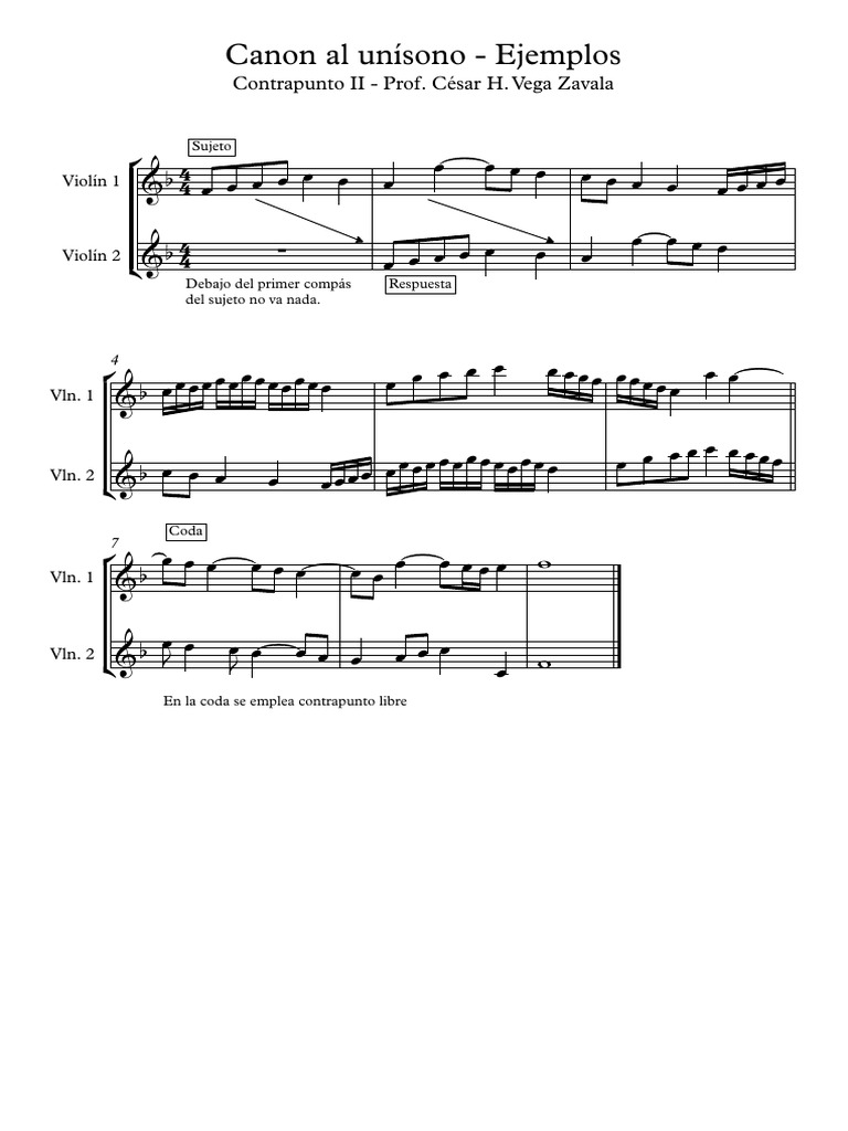 Canon Al Unísono - Ejemplos - Partitura Completa | PDF