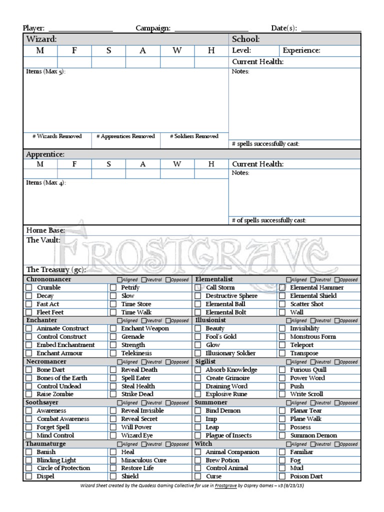 Frostgrave Wizard Sheet v2 | PDF | Leisure