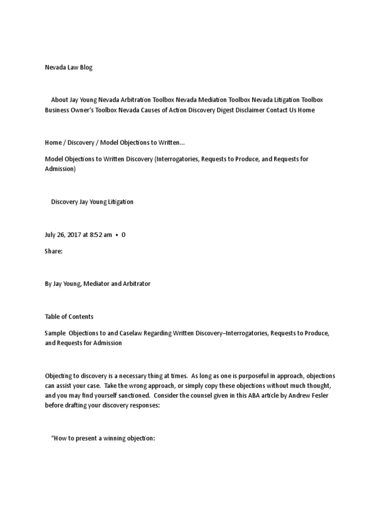 Objection To Complaint | PDF | Discovery (Law) | Interrogatories