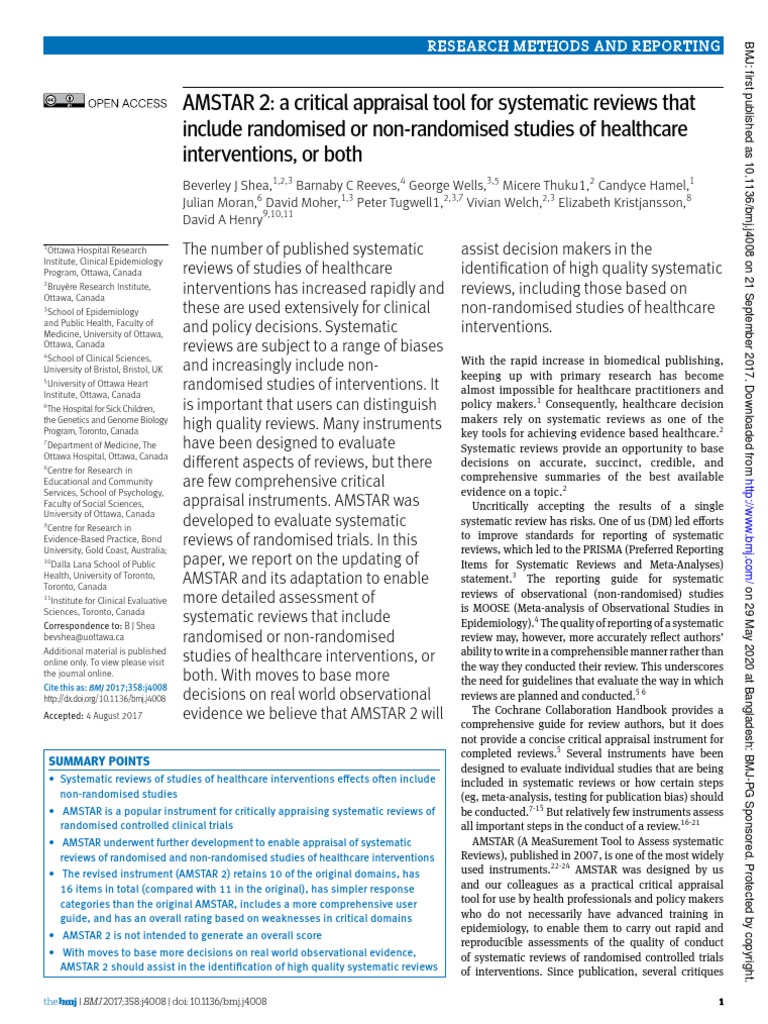 AMSTAR 2 A Critical Appraisal Tool For Systematic Reviews That | PDF ...
