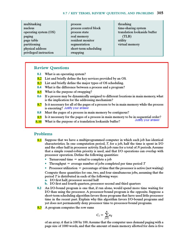 Key Concepts, Review Questions and Problems in Operating System Support | PDF | Process ...