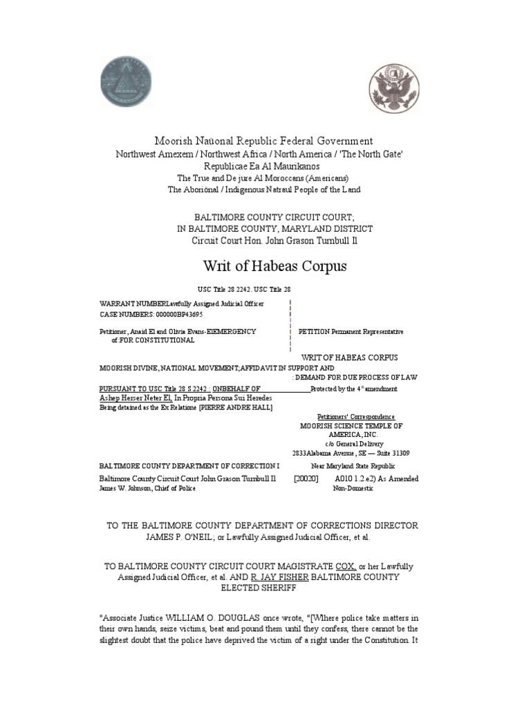 Writ of Habeas Corpus: Moorish Naüonal Republic Federal Government ...