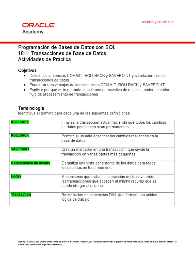 DP 18 1 Practice Esp | PDF | SQL | Oracle Corporation