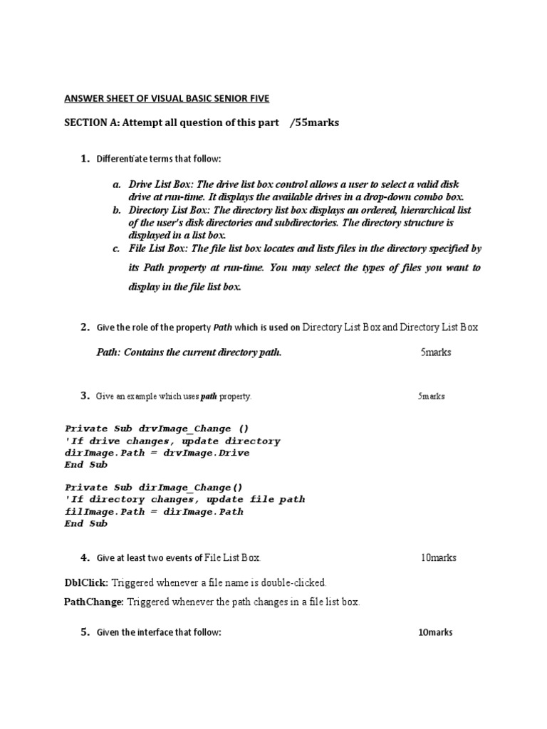 Answer Sheet of Visual Basic Senior Five | PDF | Directory (Computing ...