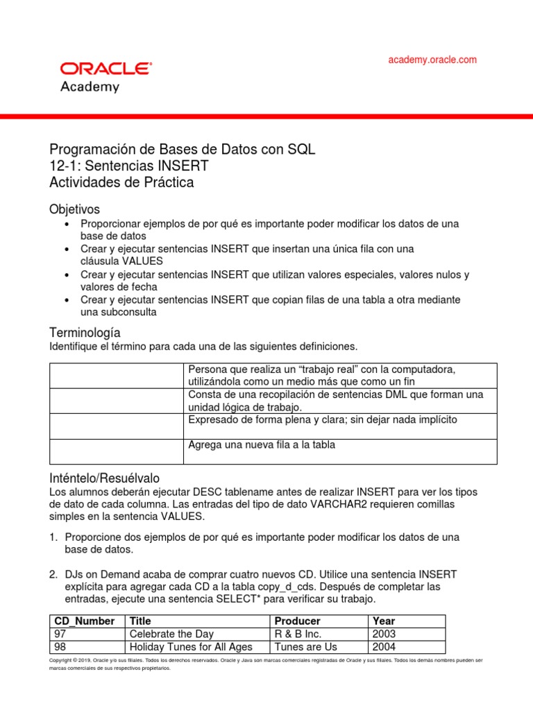 DP 12 1 Practice Esp | PDF | SQL | Software de gestión de datos