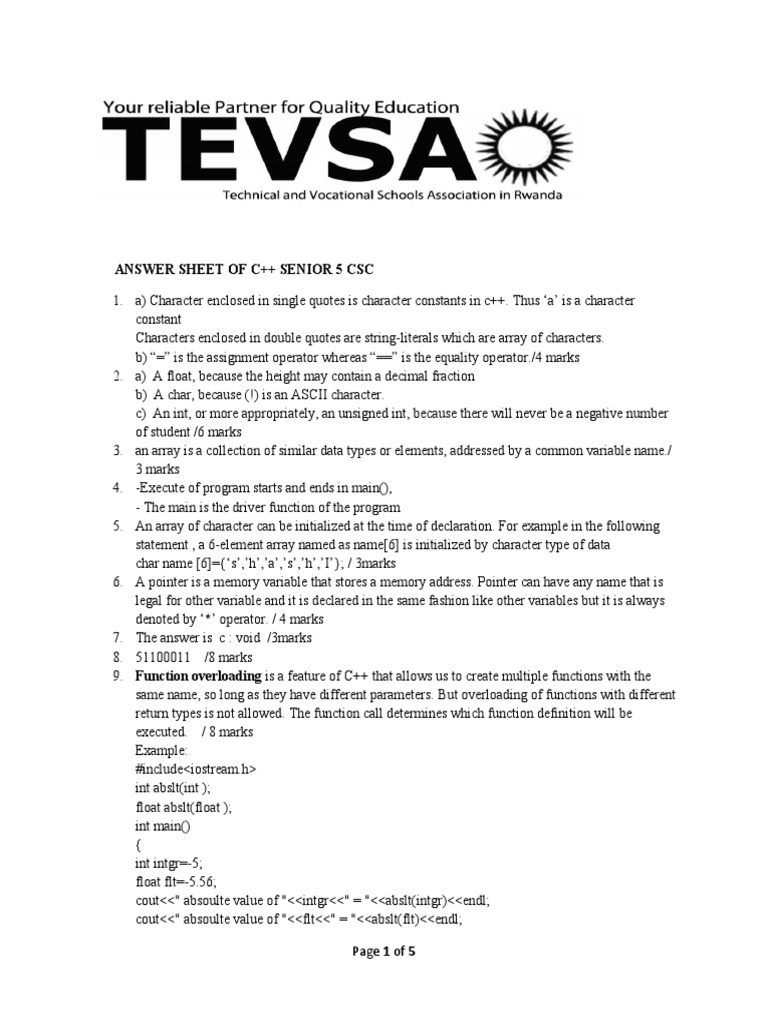Answer Sheet of C++ S5 CSC | PDF | Subroutine | Array Data Structure
