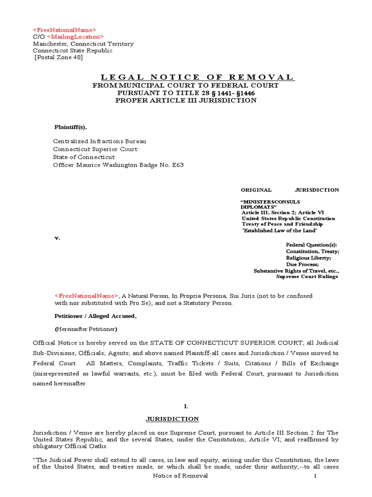 Legal Notice of Removal: From Municipal Court To Federal Court Pursuant ...