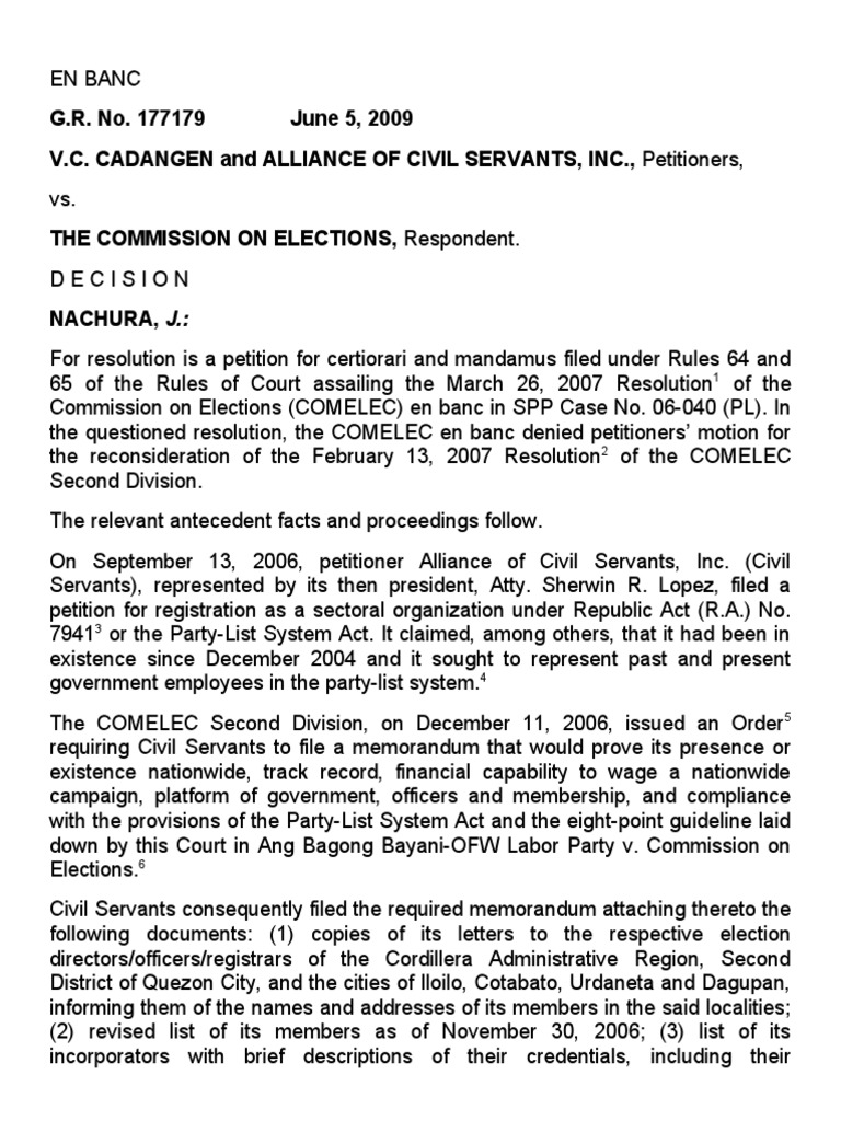 G.R. No. 177179 June 5, 2009 V.C. Cadangen and Alliance of Civil Servants, Inc., Petitioners ...