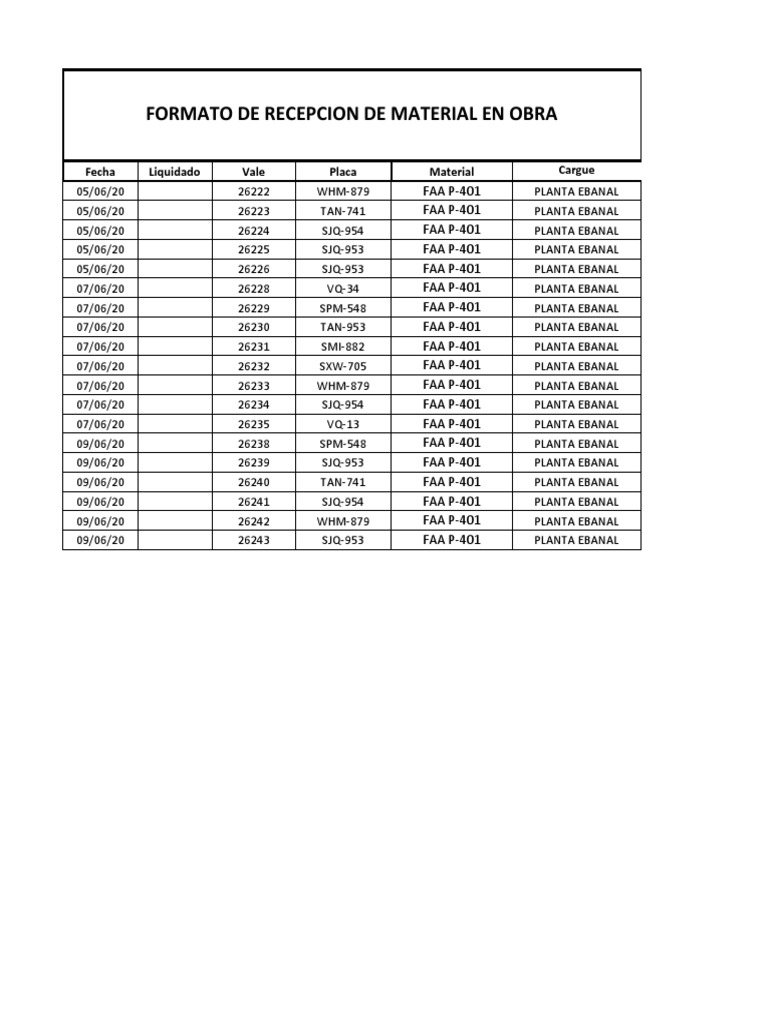 Formato de Recepcion de Materiales | PDF