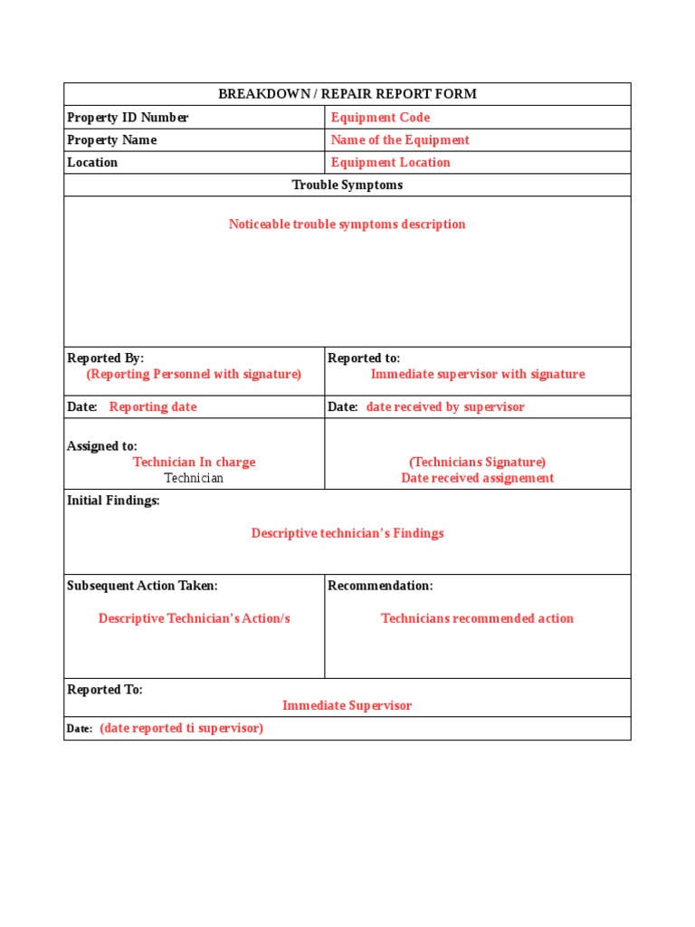 Breakdown and Repair Report Template | PDF
