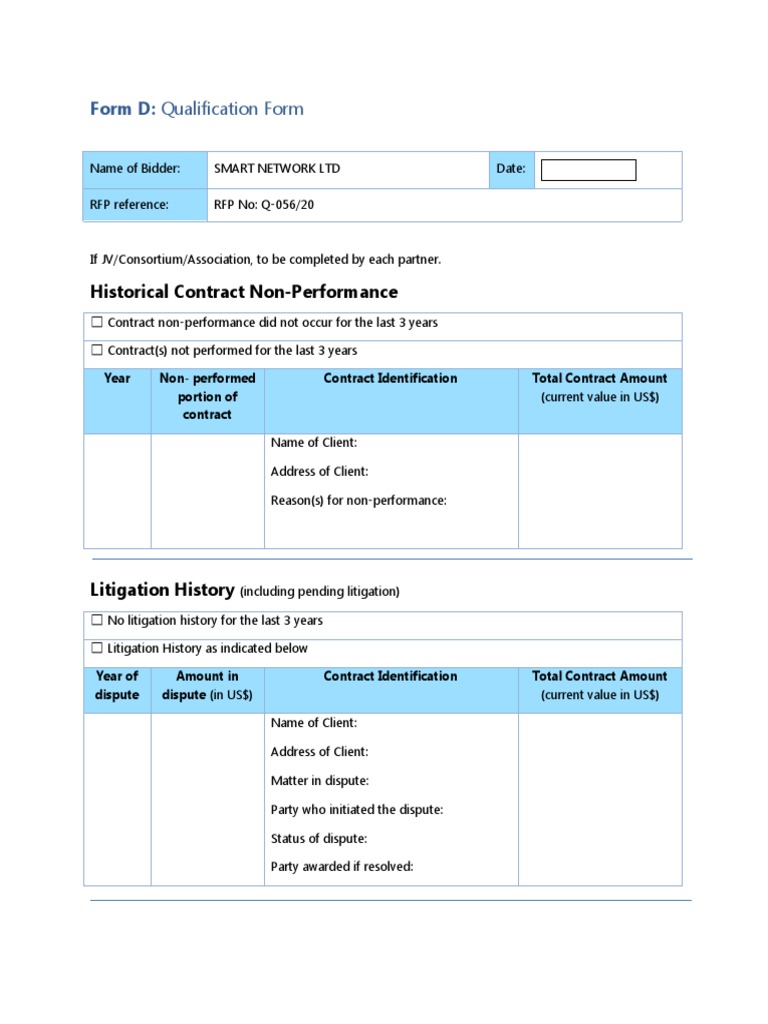 Form D: Qualification Form: Historical Contract Non-Performance | PDF ...