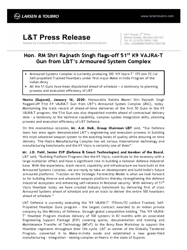 2020 01 16 Hon RM Shri Rajnath Singh Flags Off 51st k9 Vajra T Gun From ...