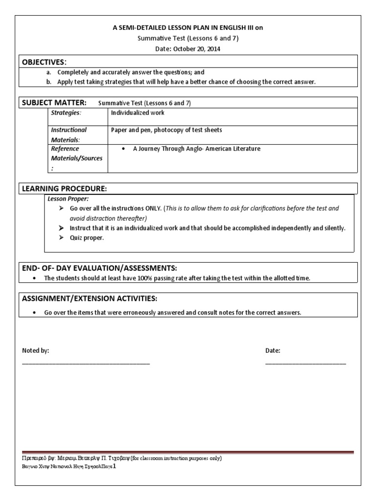 Summative Test Lesson Plan for English III | PDF