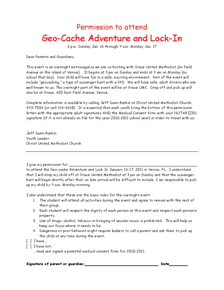 Geo-Cache Adventure Permission Slip | PDF | Social Science | Self ...