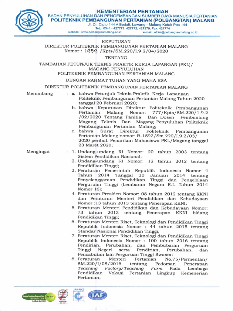 Revisi Terakhir SK Juknis Tambahan PKL 2020 | PDF | Sains & Matematika