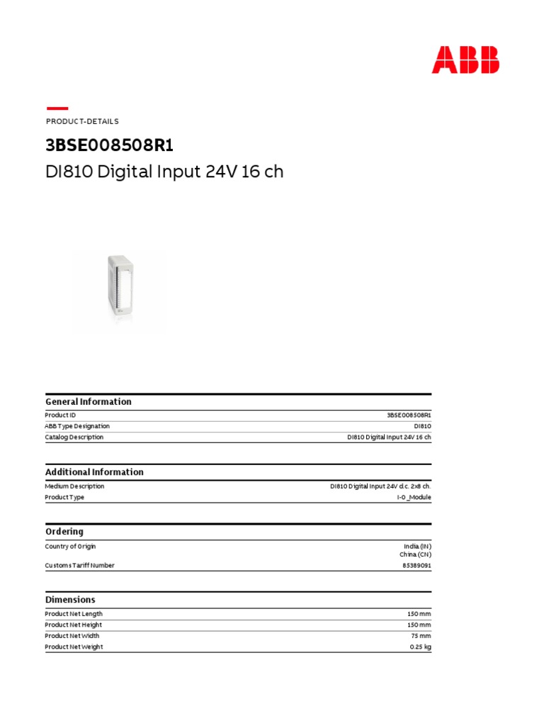 3BSE008508R1 Di810 Digital Input 24v 16 CH PDF | PDF | Computing