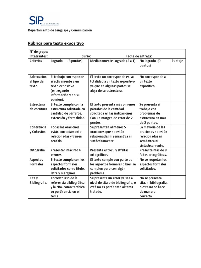 Rúbrica para Evaluar Texto Expositivo | PDF | Oración (Lingüística ...