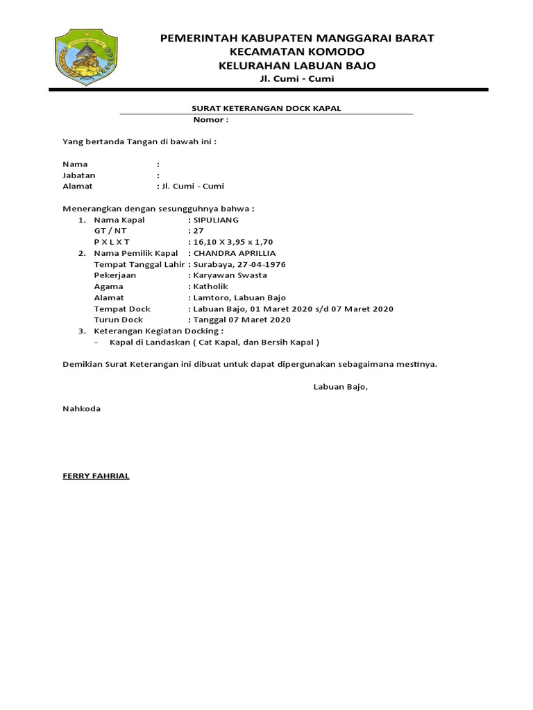 Surat Keterangan Dock Kapal | PDF