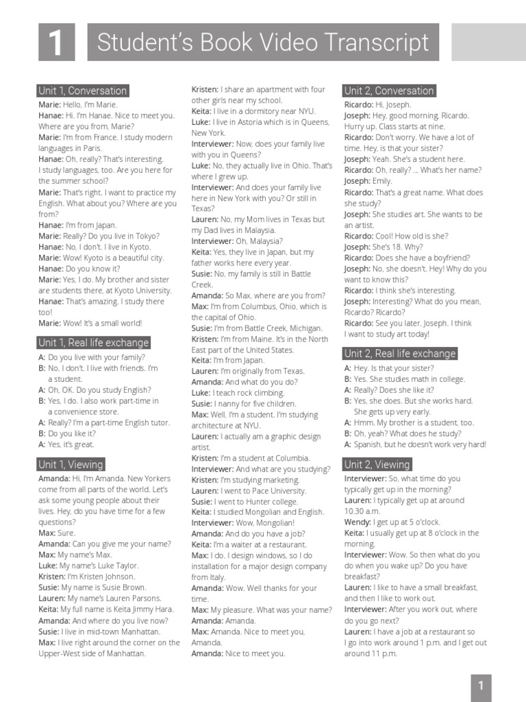 Student S Book Video Transcript: Unit 1, Conversation Unit 2 ...