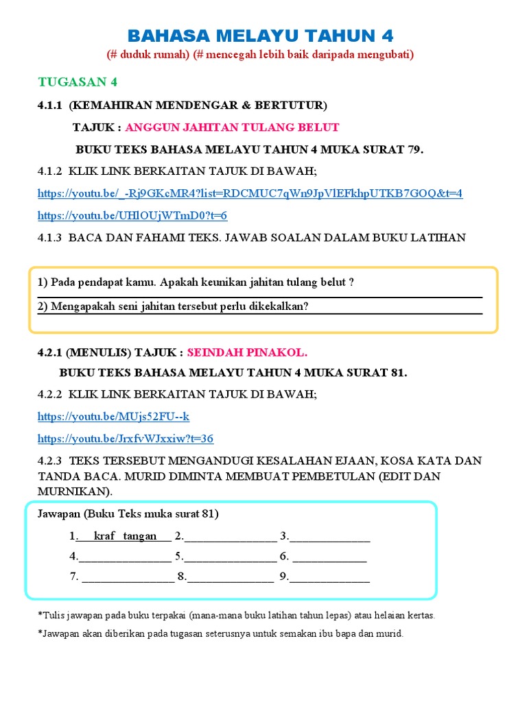 Bahasa Melayu Tahun 4 Tugasan 4 | PDF