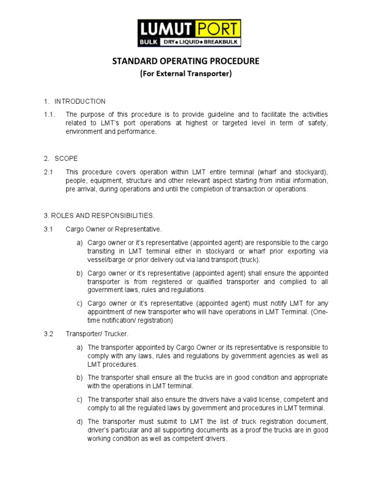SOP for External Transport Operations | PDF | Cargo | Truck