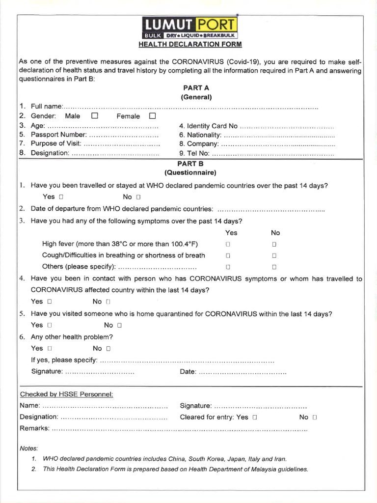 Health Declaration Form | PDF