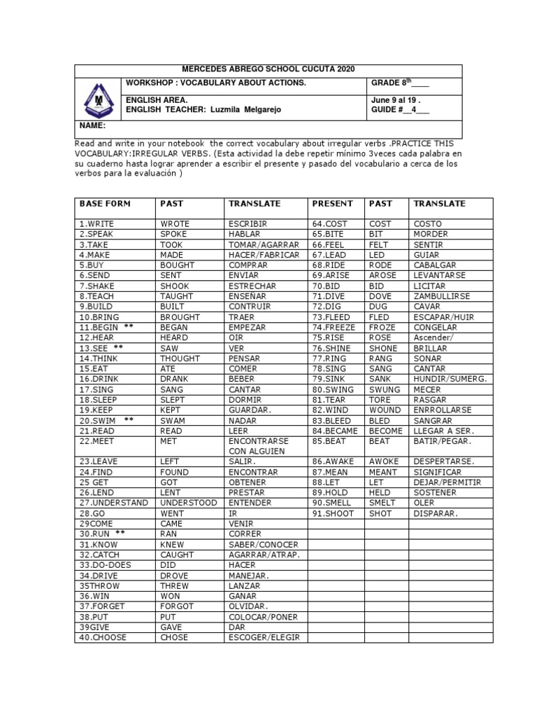 June 9 Irregular Verbs. 8TH. | PDF | Grammar
