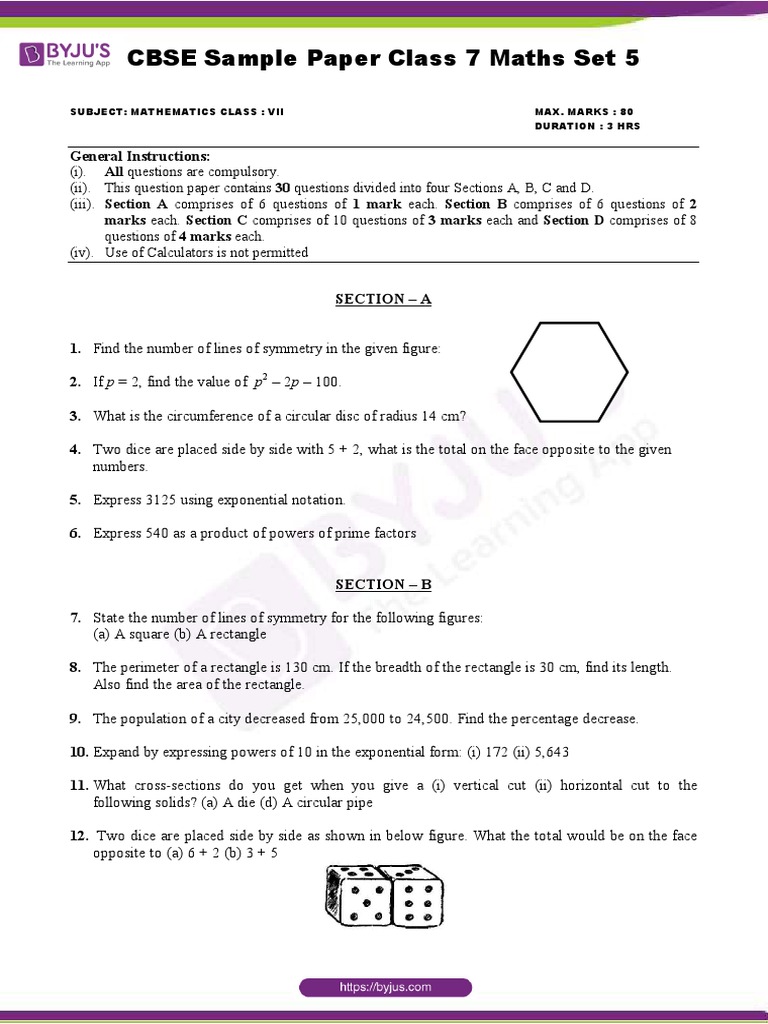 CBSE Sample Paper Class 7 Maths Set 5: All Questions Are Compulsory | PDF | Rectangle | Area