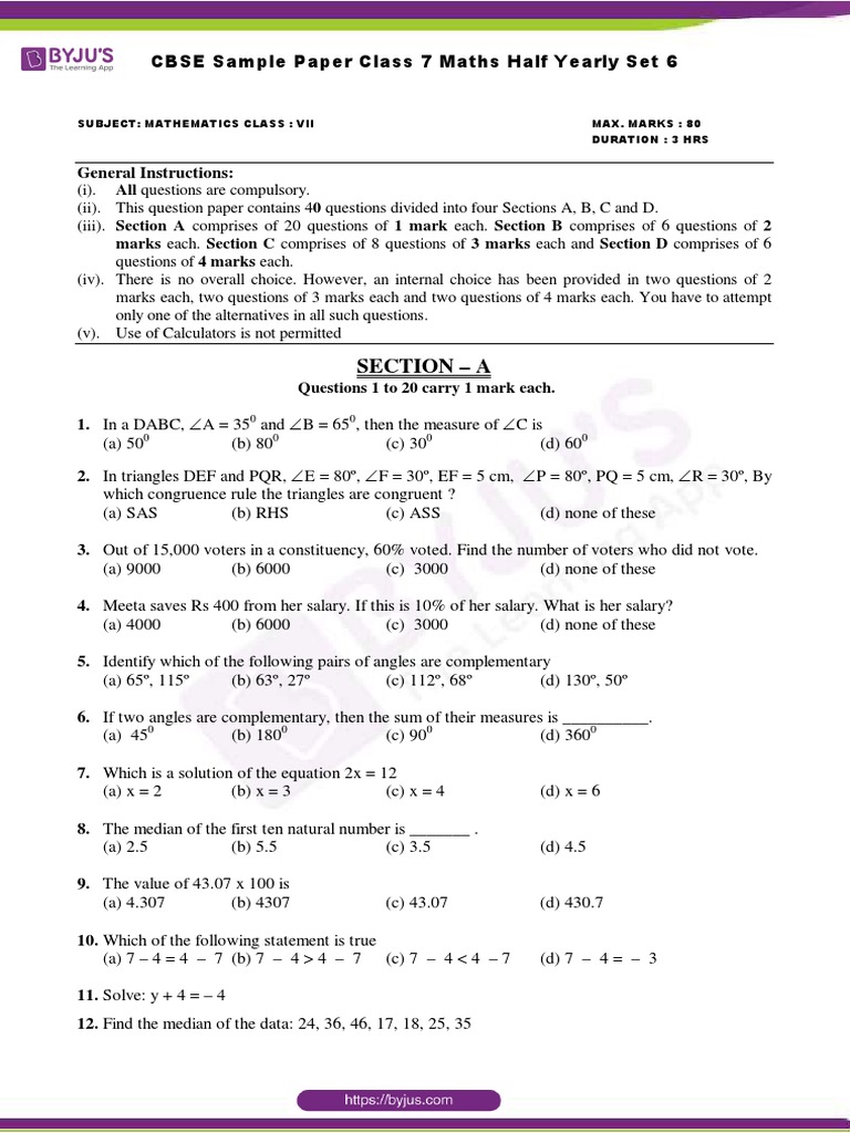 CBSE Sample Paper Class 7 Maths Half Yearly Set 6 | PDF | Triangle ...