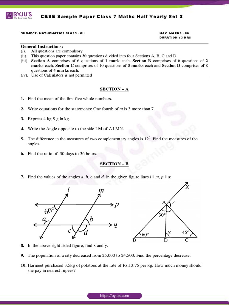 CBSE Sample Paper Class 7 Maths Half Yearly Set 3: All Questions Are ...