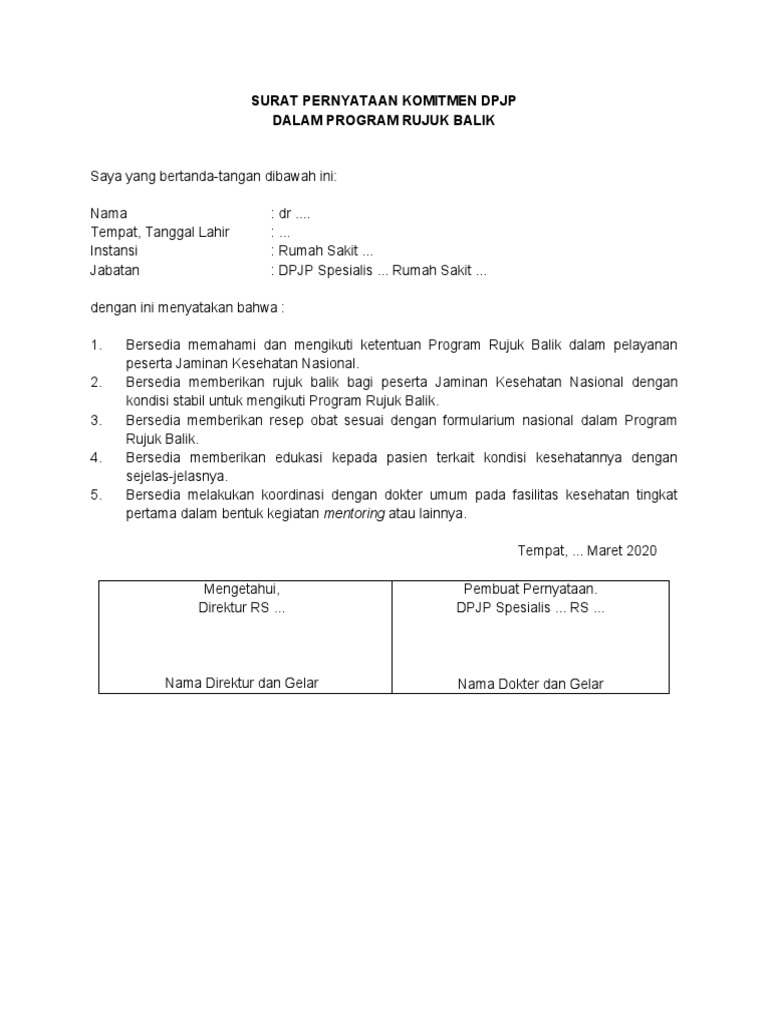 Surat Pernyataan Komitmen DPJP Dalam Program Rujuk Balik | PDF