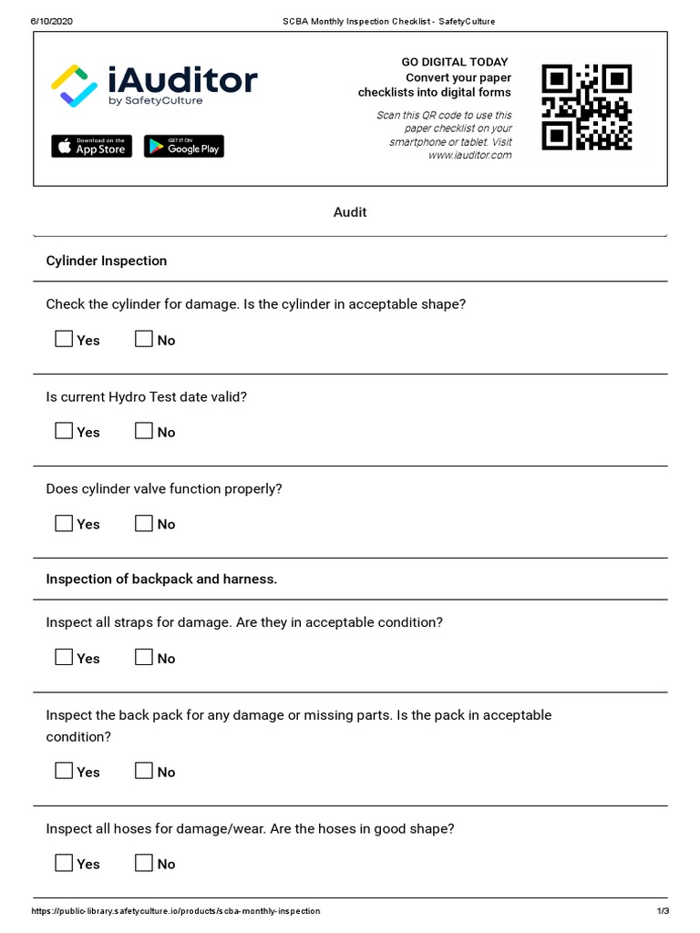 SCBA Monthly Inspection Checklist | PDF | Equipment