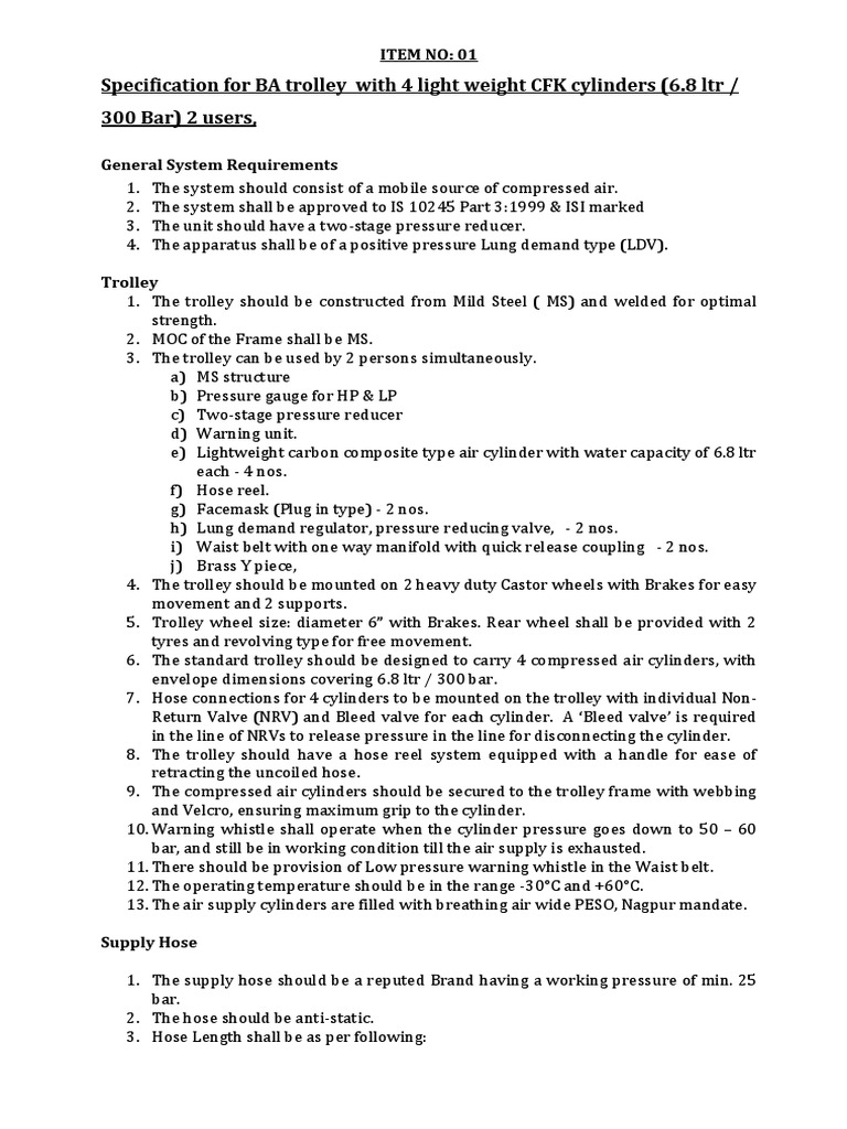Specification For BA Trolley With 4 Light Weight CFK Cylinders (6.8 LTR ...