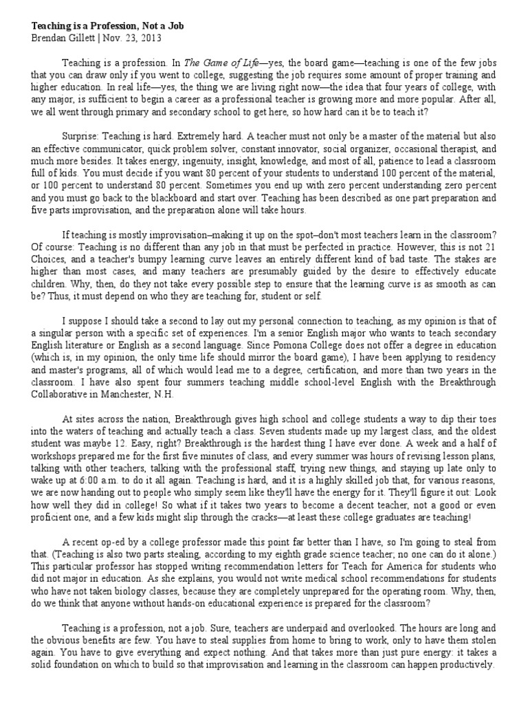 Teaching Is Not A Job | PDF | Teachers | Classroom