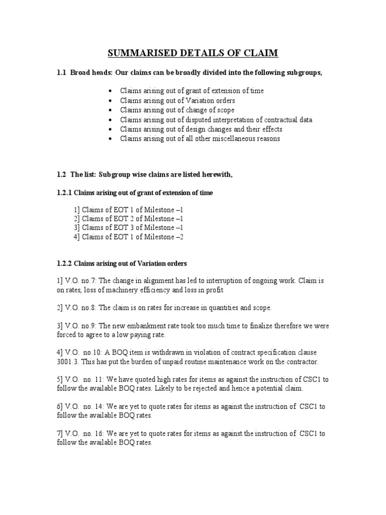 Summary of Claims in Construction Projects | PDF | Business | Transport