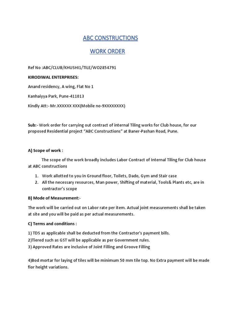 WORK ORDER For Tiling | PDF | Employment | Labour Economics