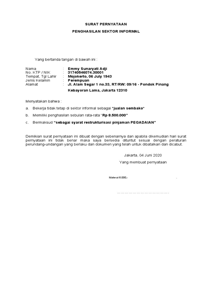 Surat Pernyataan PENGHASILAN SEKTOR INFORMAL | PDF