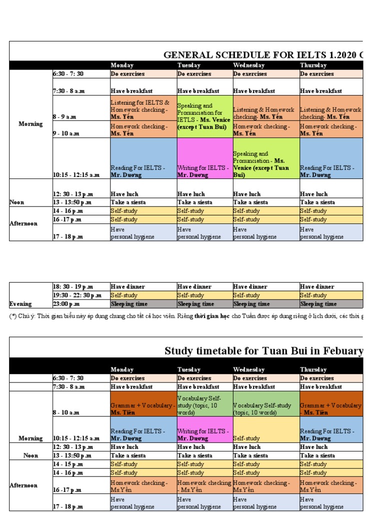 General Schedule For Ielts 1.2020 Class: Monday Tuesday Wednesday ...