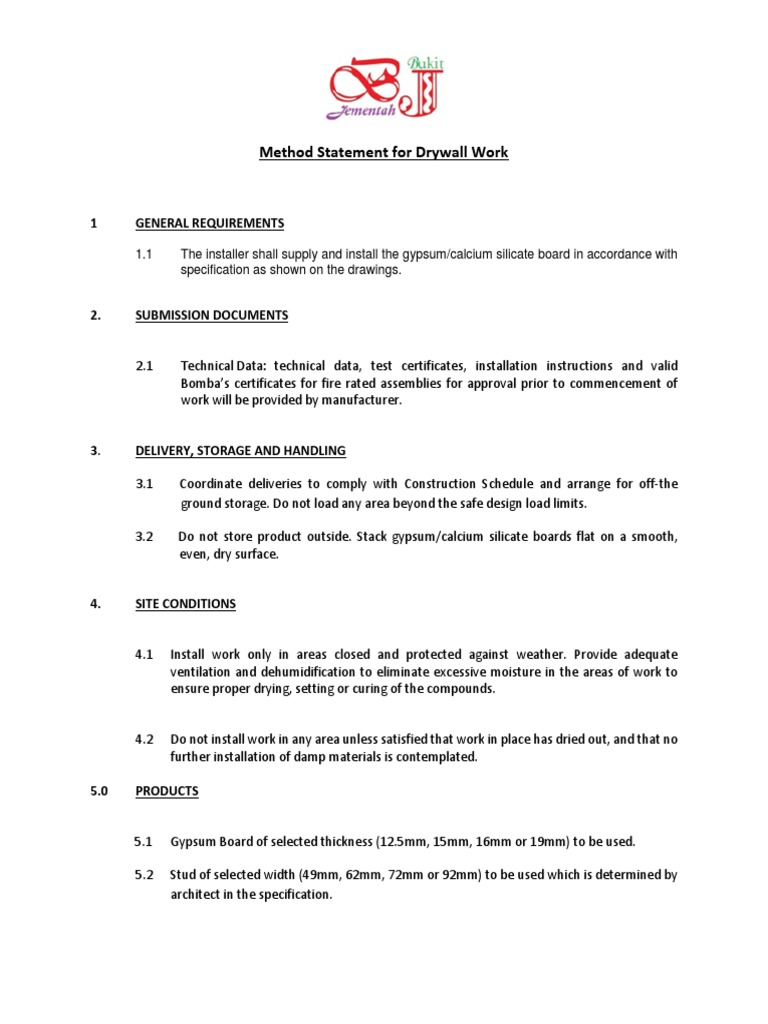 Method Statement Partition Works | PDF | Drywall | Wall