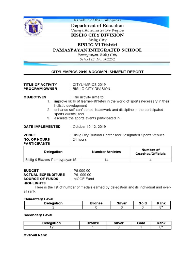 Department of Education: Bislig City Division BISLIG VI District Pamaypayan Integrated School ...
