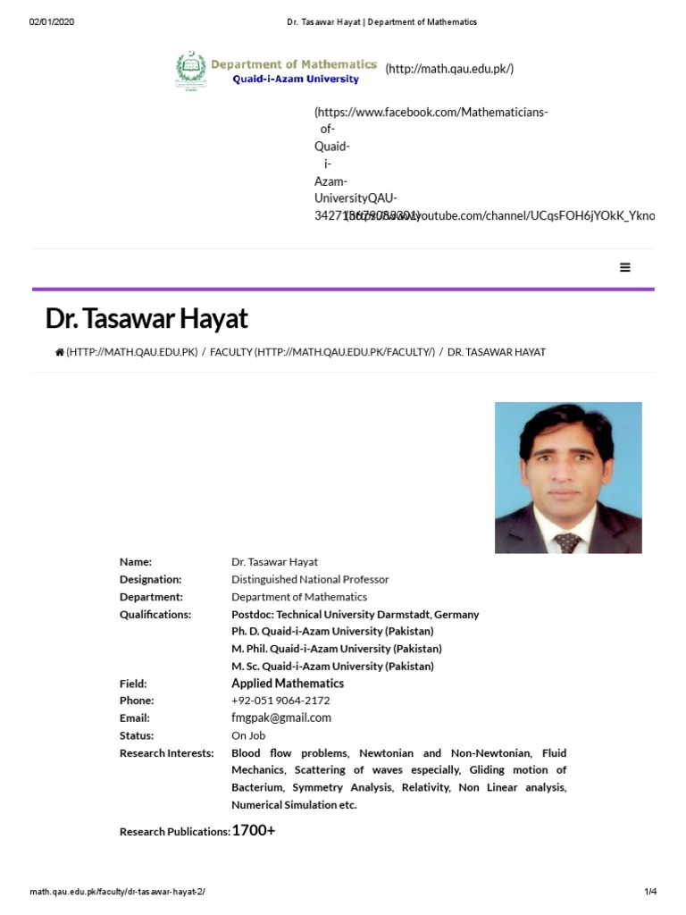 Dr. Tasawar Hayat - Department of Mathematics | PDF | Mechanics ...