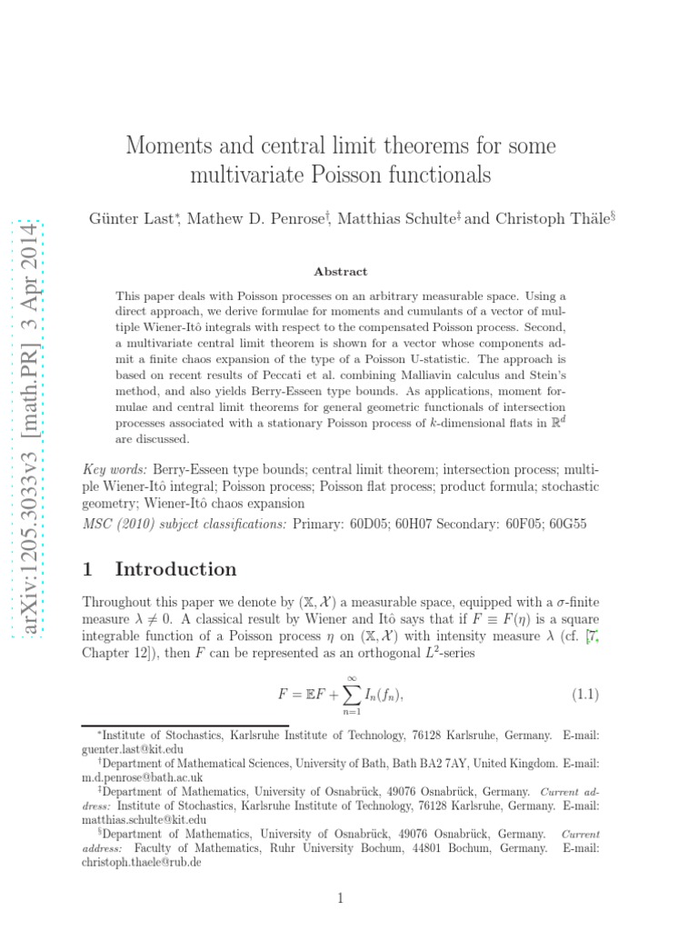 Moments and Central Limit Theorems For Some Multivariate Poisson Functionals | PDF | Stochastic ...