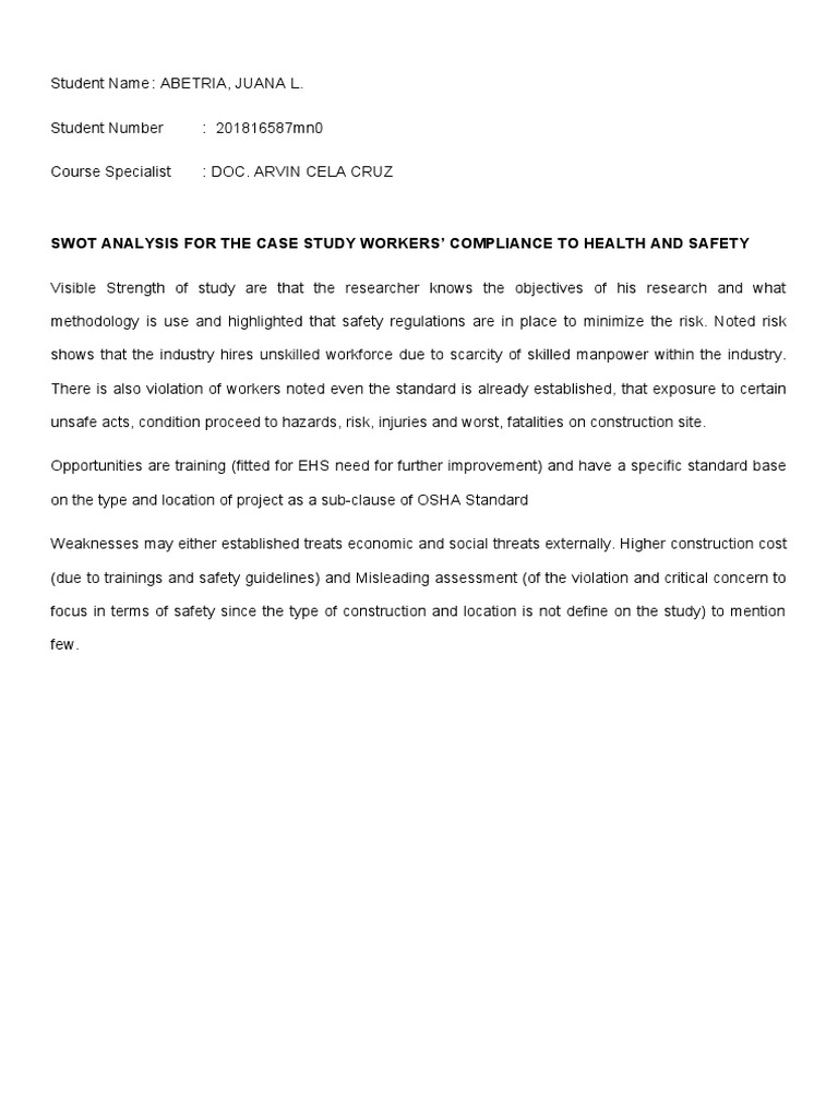 SWOT Analysis of Workers' Safety Compliance | PDF | Business | Computers