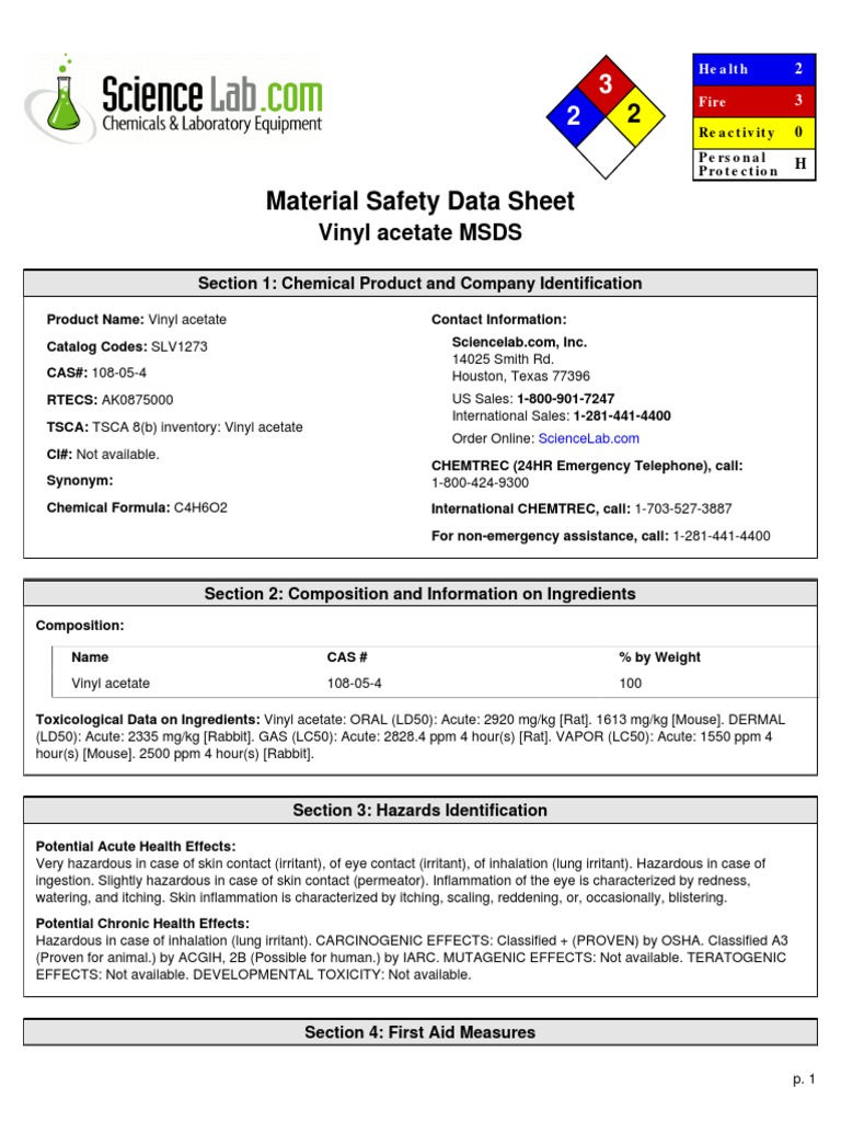 Vinyl Acetate MSDS: Section 1: Chemical Product and Company ...